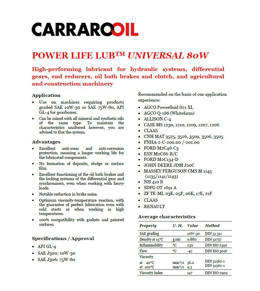 HUILE CARRARO LIFE LUB 80W 5L