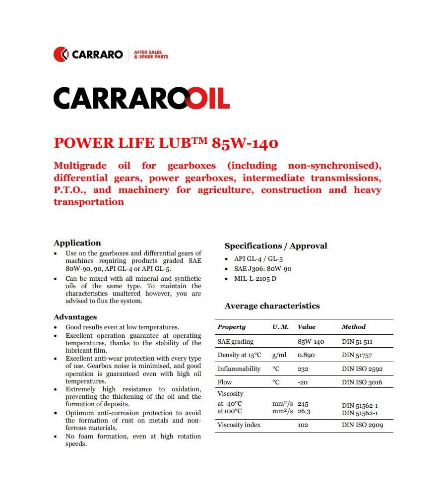 HUILE CARRARO POWER LIFE LUB 85W40 5L